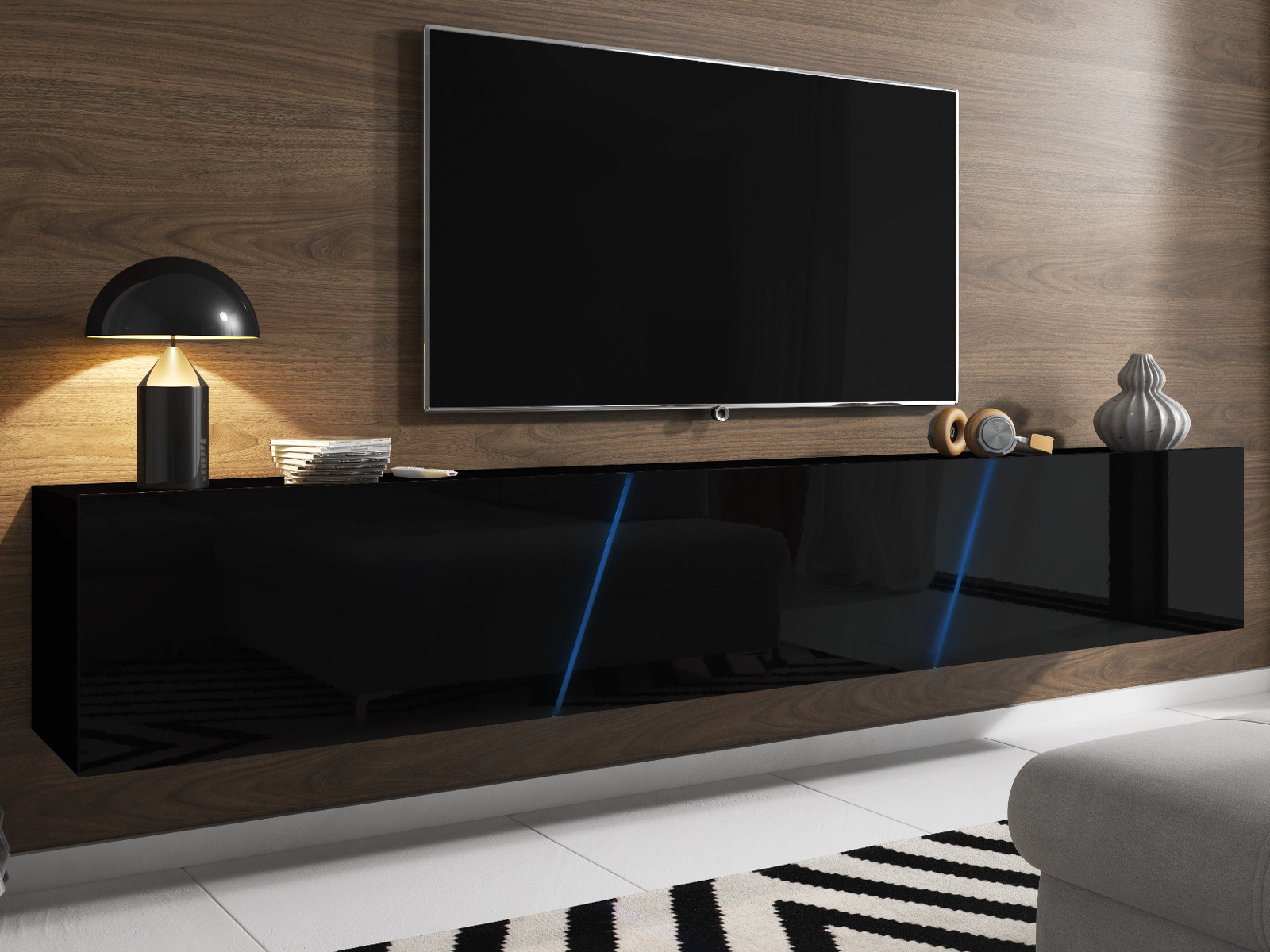 TV Lowboard schwarz Hochglanz H ngend Stehend XXL Flat TV Board Slant  