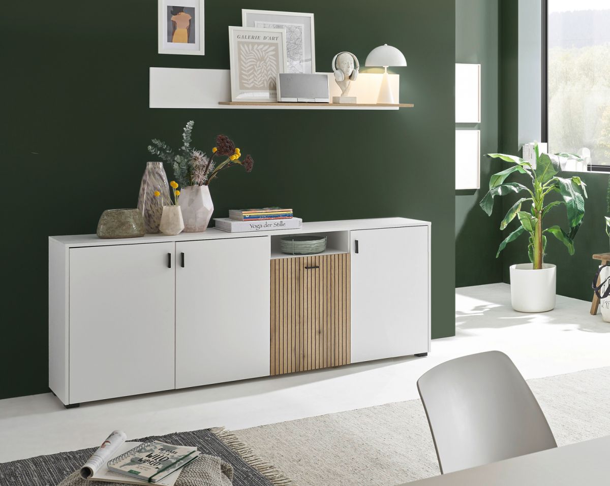 Sideboard "Merced" weiß matt und Evoke Eiche 200 cm