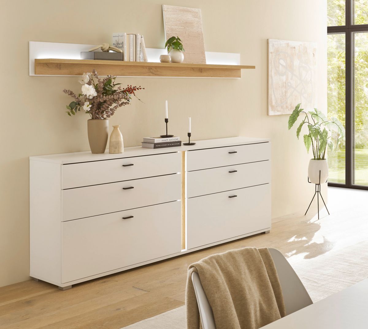 Sideboard "Bellport" weiß matt & Eiche LED 200 x 86 cm
