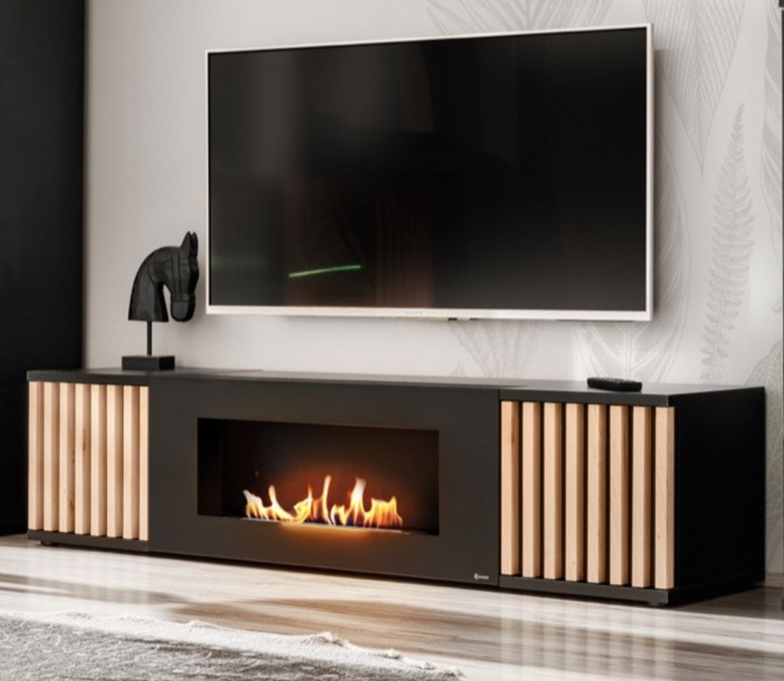 TV-Lowboard "Morgan" schwarz / Jackson Eiche mit Kamin