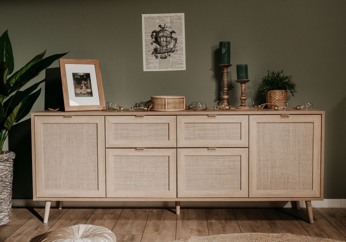 Sideboard "Niran" Sonoma Eiche mit Bast - Dekor 180 cm