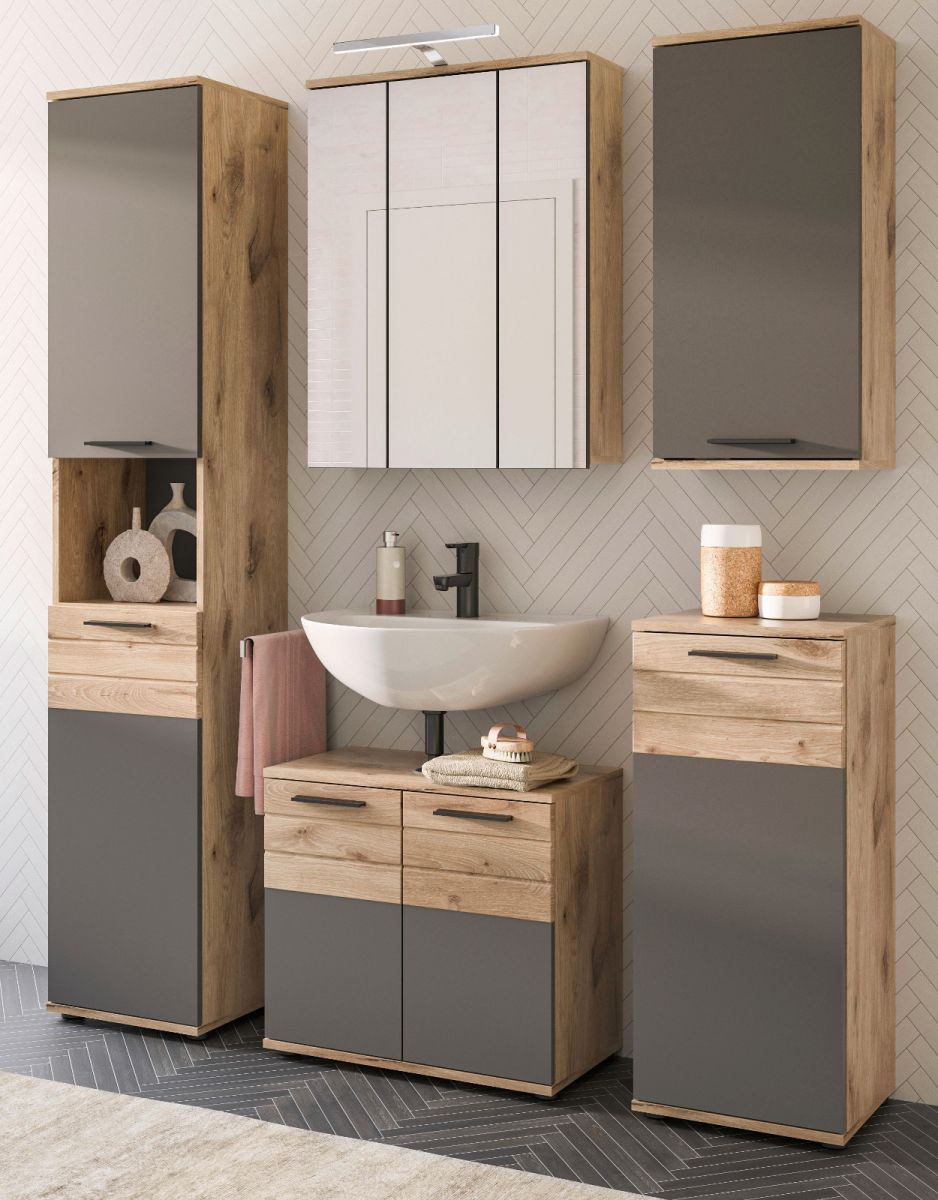 Badmöbel Set "Tomas" in Nox Eiche und grau 5-tlg 164 cm