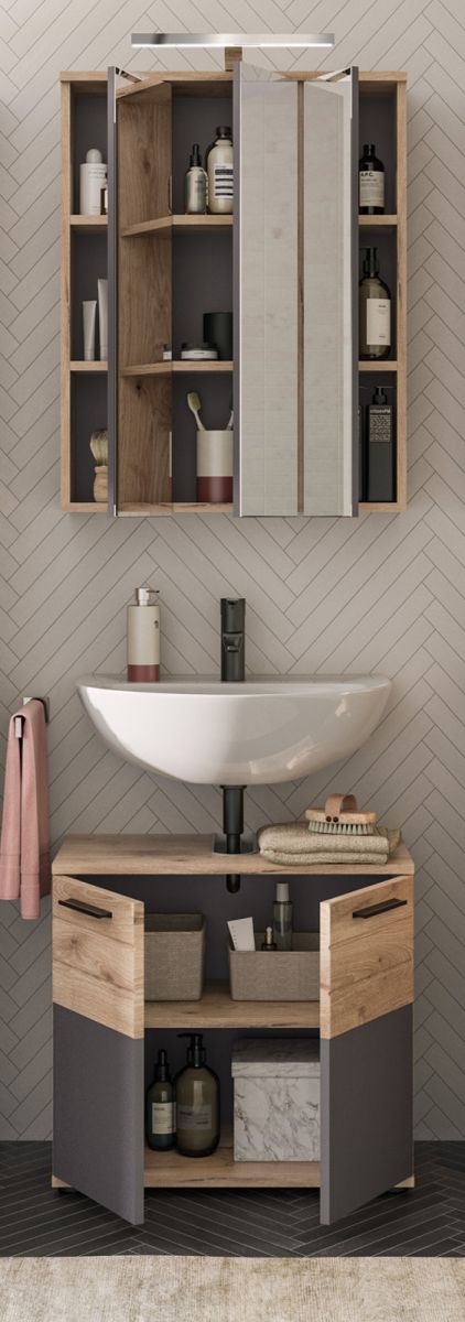 Badmöbel Set "Tomaso" Nox Eiche und grau 2-tlg. 60 cm