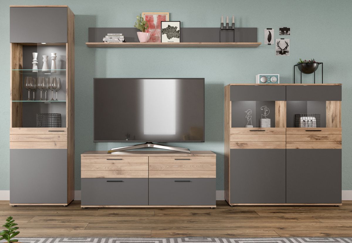 Wohnwand "Tomaso" in Nox Eiche und grau 327 x 200 cm