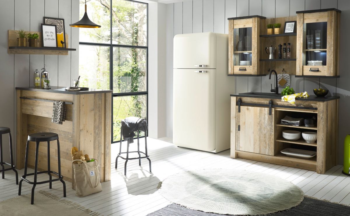 Küche mit Theke "Stove" Used Wood & anthrazit 6-teilig
