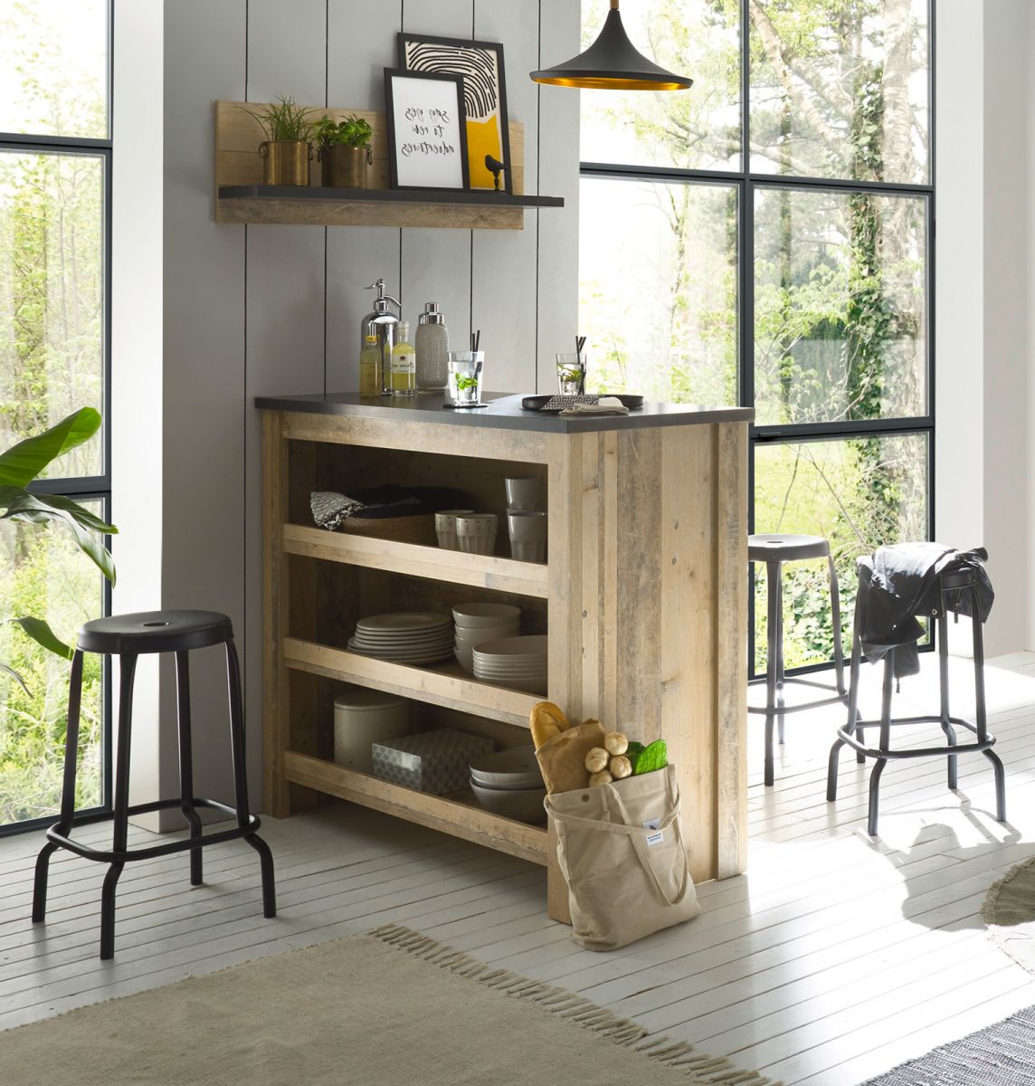 Küche mit Theke "Stove" Used Wood & anthrazit 6-teilig
