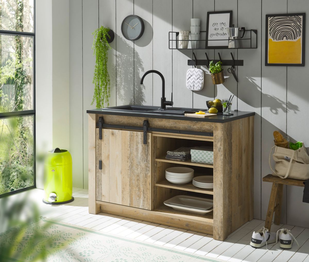 Küche mit Theke "Stove" Used Wood & anthrazit 6-teilig