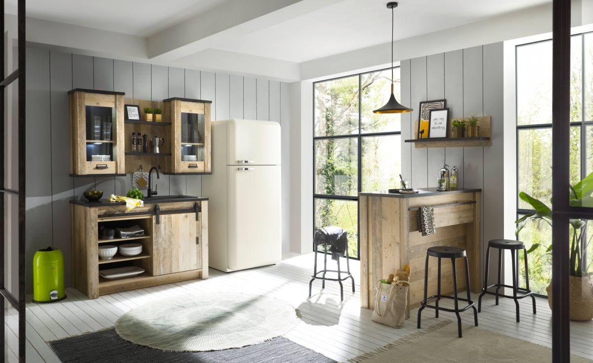 Küche mit Theke "Stove" Used Wood & anthrazit 6-teilig