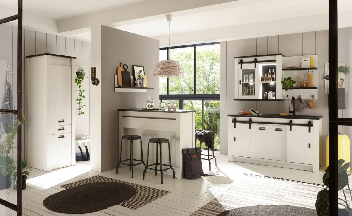 Landhaus Küche mit Theke "Stove" in Pinie weiß 6-teilig
