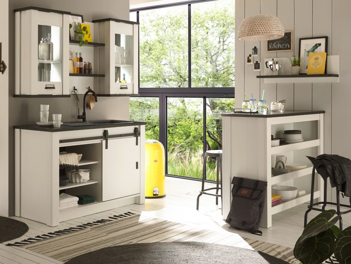 Landhaus Küche mit Theke "Stove" Pinie weiß 6-teilig