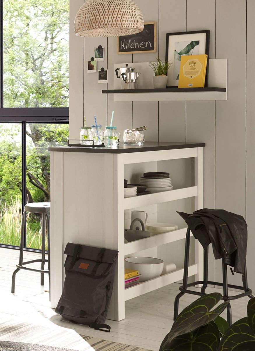 Landhaus Küche mit Theke "Stove" Pinie weiß 6-teilig
