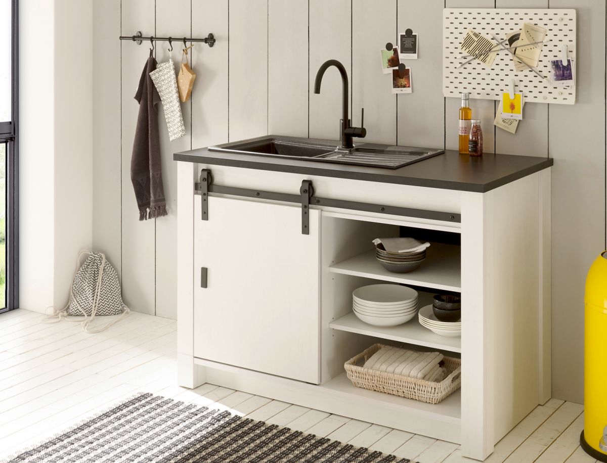 Landhaus Küche mit Theke "Stove" Pinie weiß 6-teilig