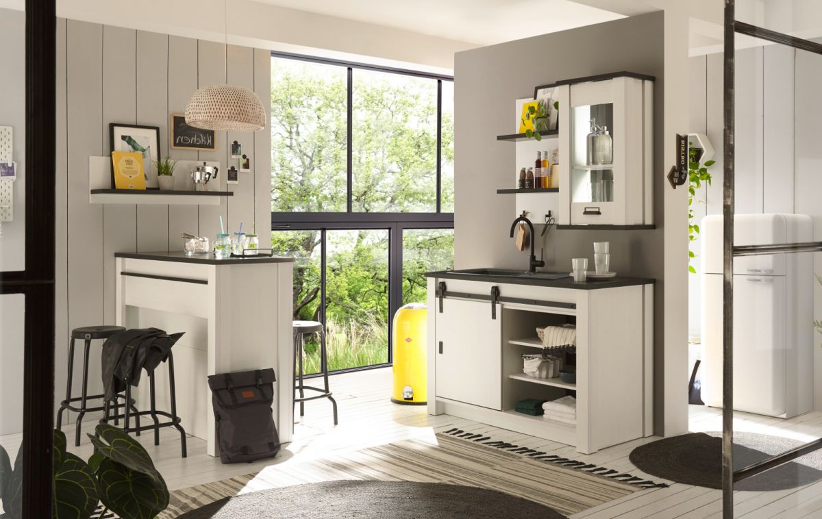 Küche mit Theke "Stove" weiß Pinie Landhaus 5-teilig