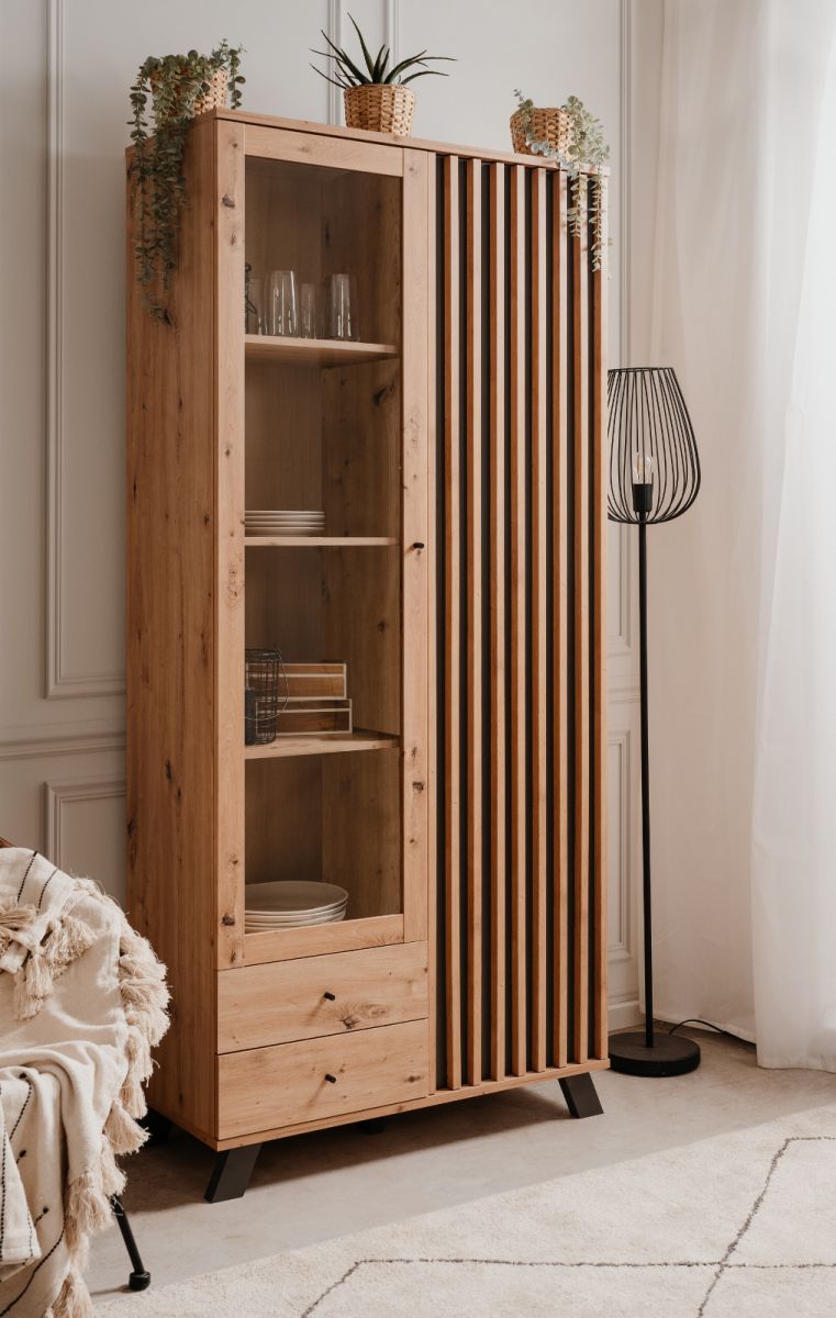 Vitrine "Medan" Eiche Artisan mit 3D-Lamellen 92x199 cm