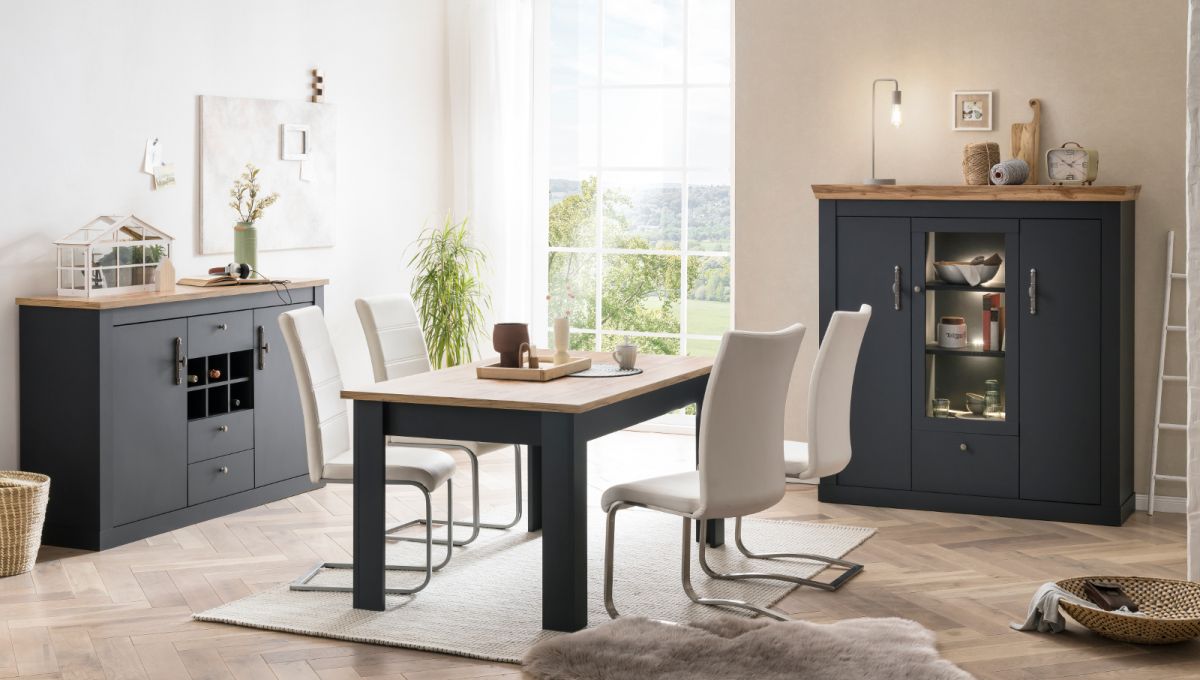 Esszimmer Set 3-teilig "Ribera" in grau und Wotan Eiche