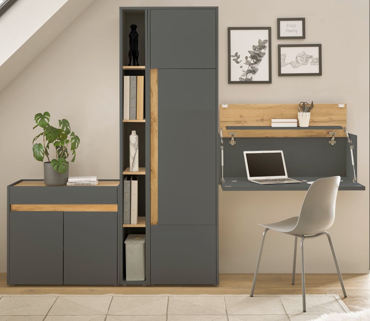 Büromöbel Set "Center" grau matt und Eiche 250 x 200 cm