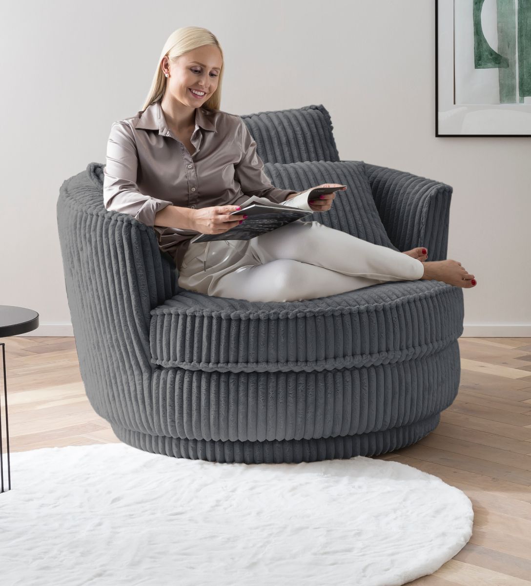 Drehsessel "Comfy" in grau Mega-Cord 360° 120 x 120 cm