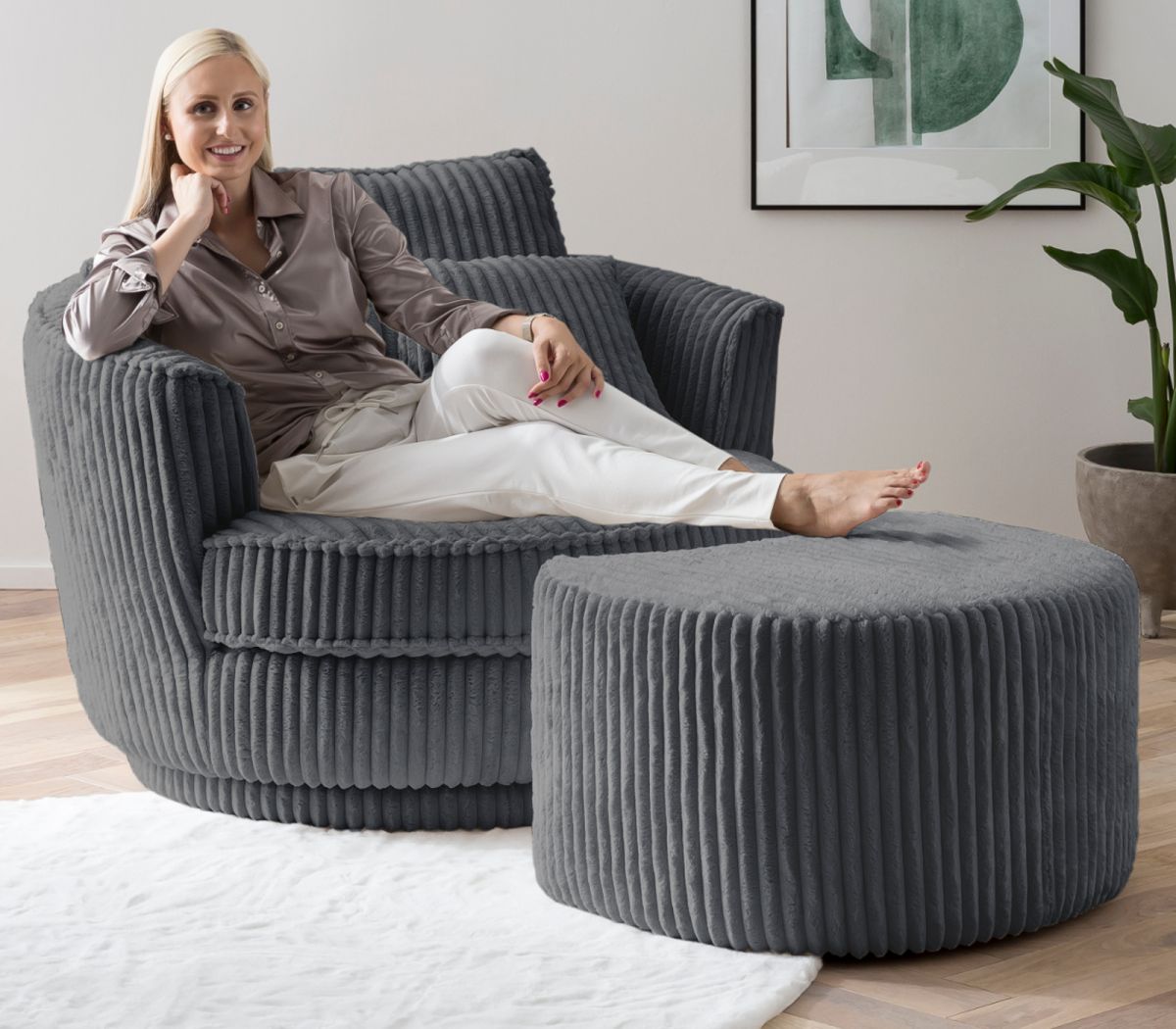 Drehsessel "Comfy" in grau Mega-Cord 360° 120 x 120 cm