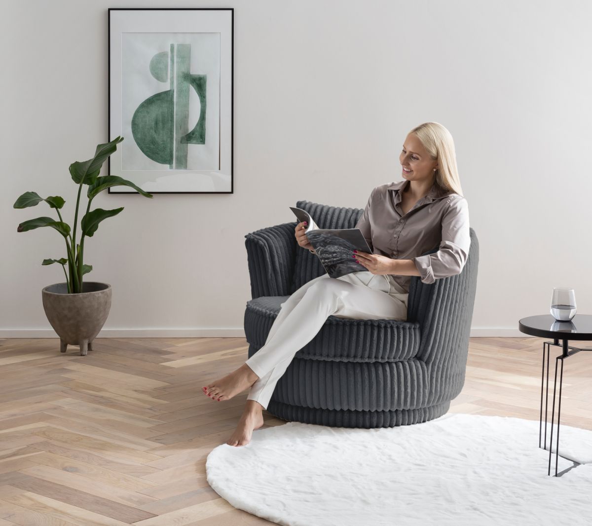 Drehsessel "Comfy" in grau Mega-Cord 360° 95 x 95 cm