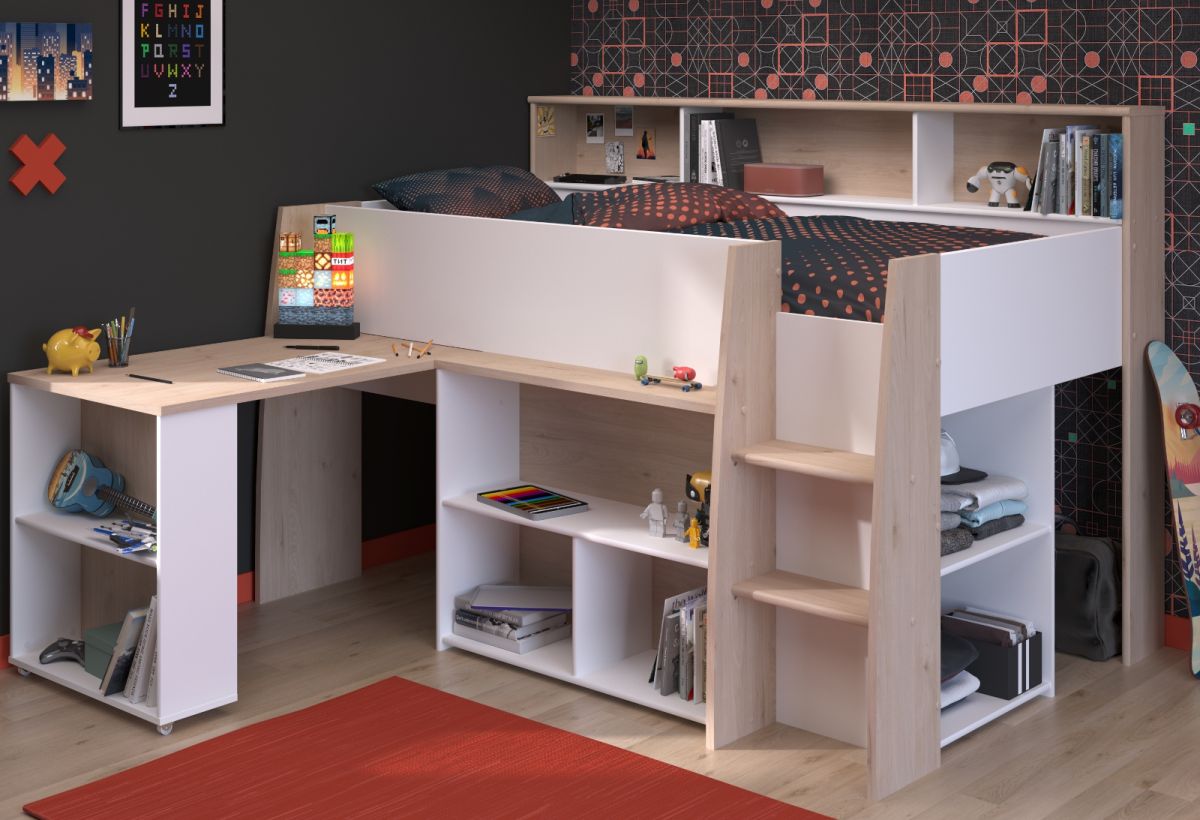 Hochbett "Lucas" in weiß und Eiche mit Schreibtisch