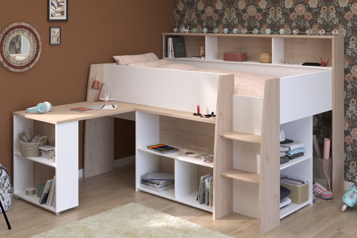 Hochbett "Lucas" in weiß und Eiche mit Schreibtisch