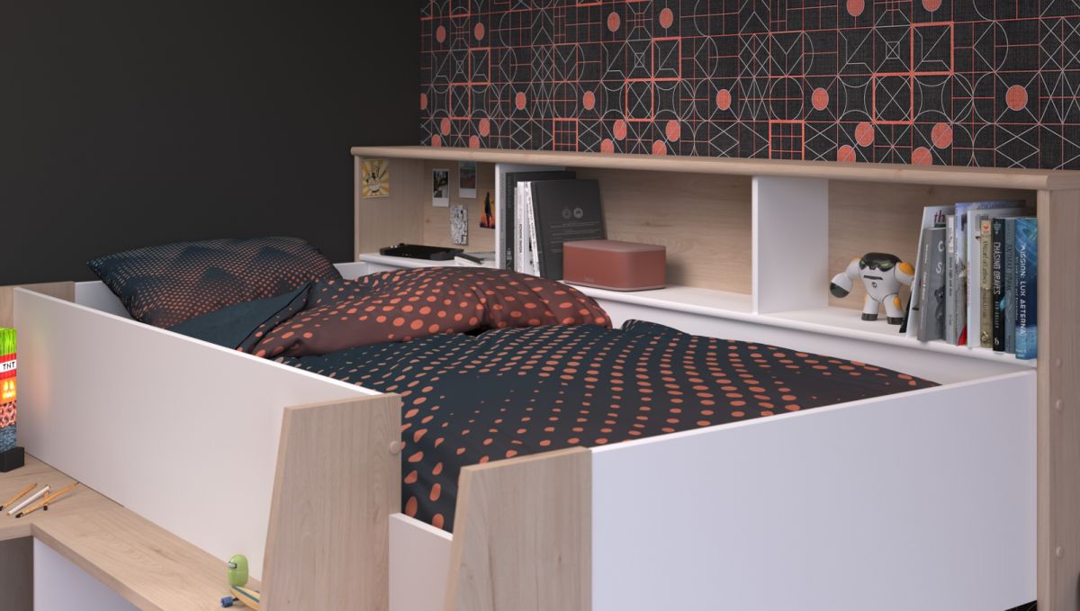 Hochbett "Lucas" in weiß und Eiche mit Schreibtisch