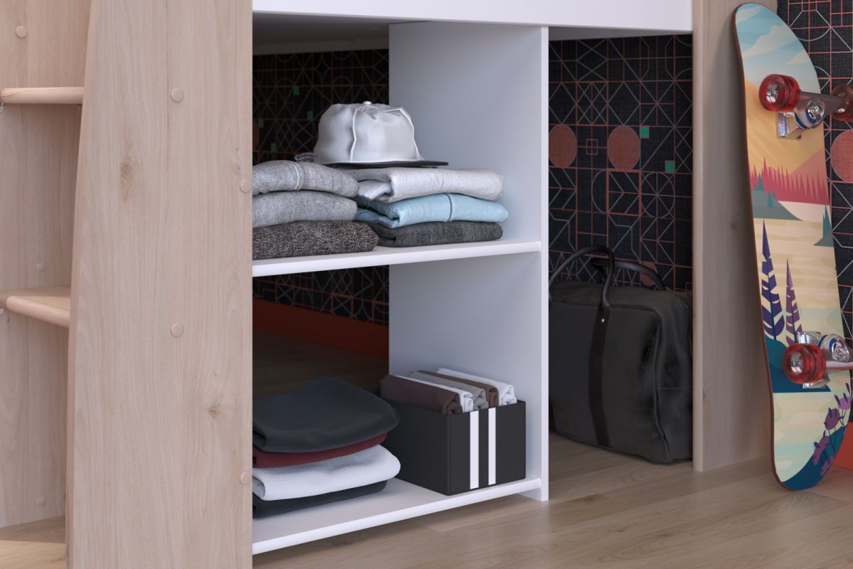 Hochbett "Lucas" in weiß und Eiche mit Schreibtisch