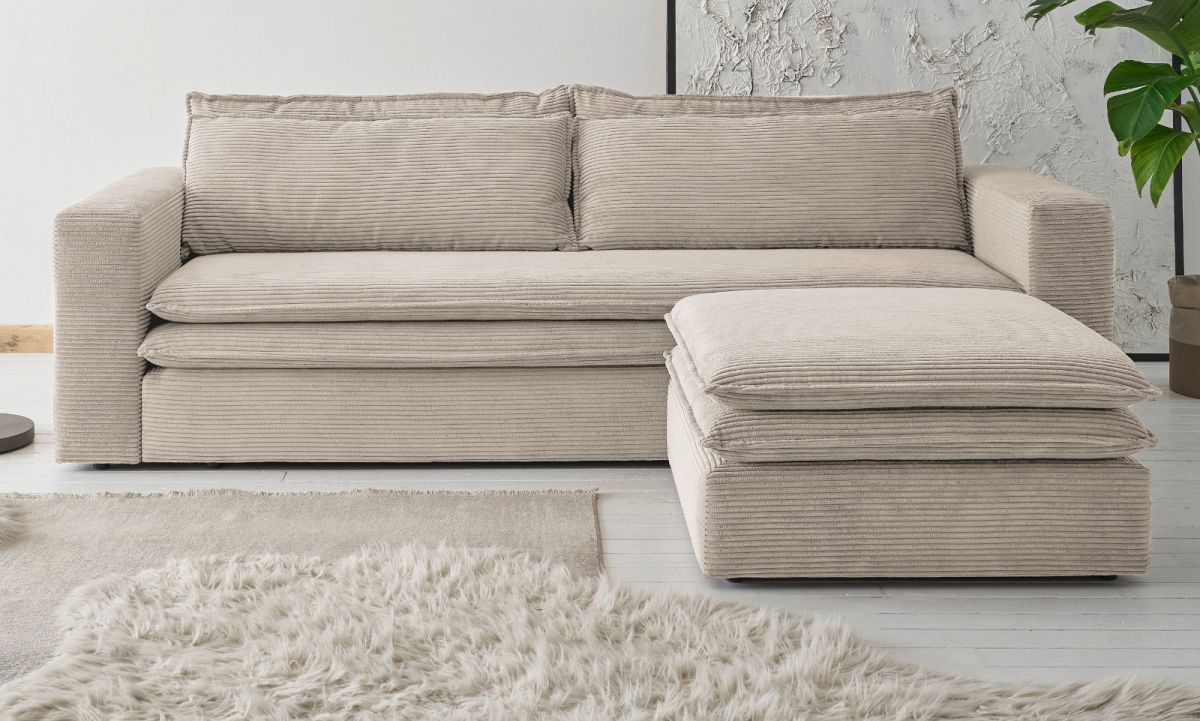 Sofa Set "Pesaro" in beige Cord Schlafsofa inkl. Hocker