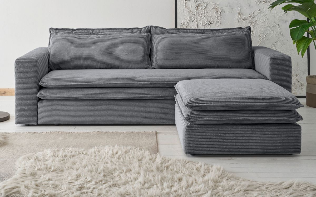 Sofa Set "Pesaro" in grau Cord Schlafsofa inkl. Hocker