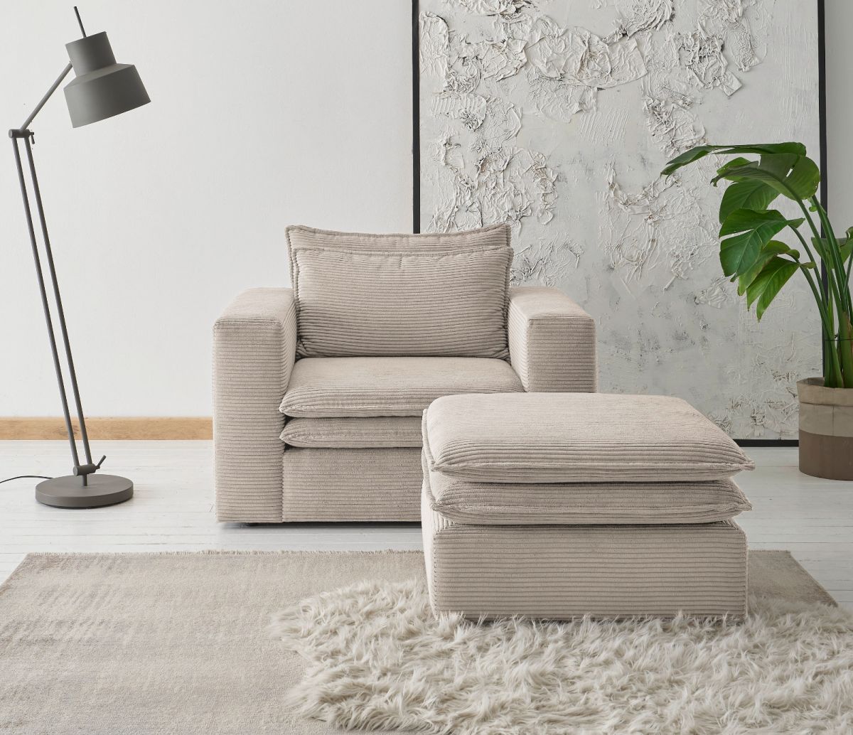 Sessel Set "Pesaro" in beige Cord inklusive Hocker
