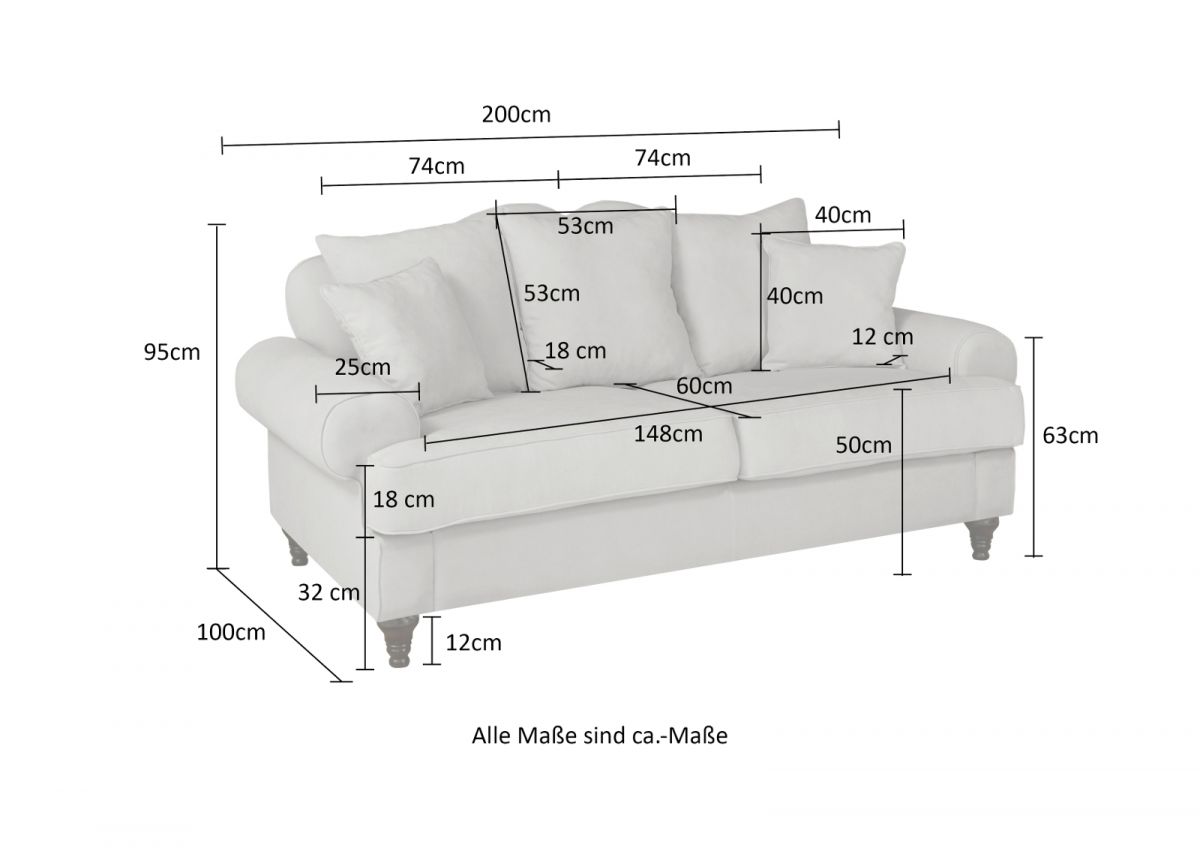 Sofa "Adelina" blaugrün Landhaus Couch 3-Sitzer 200 cm