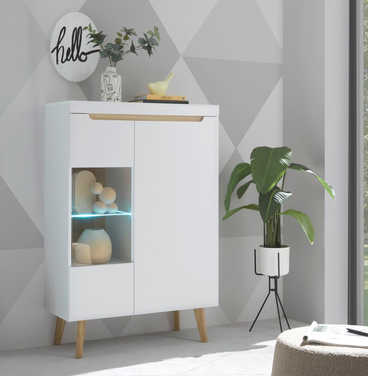 Highboard "Isgard" in weiß matt und Eiche 90 x 134 cm