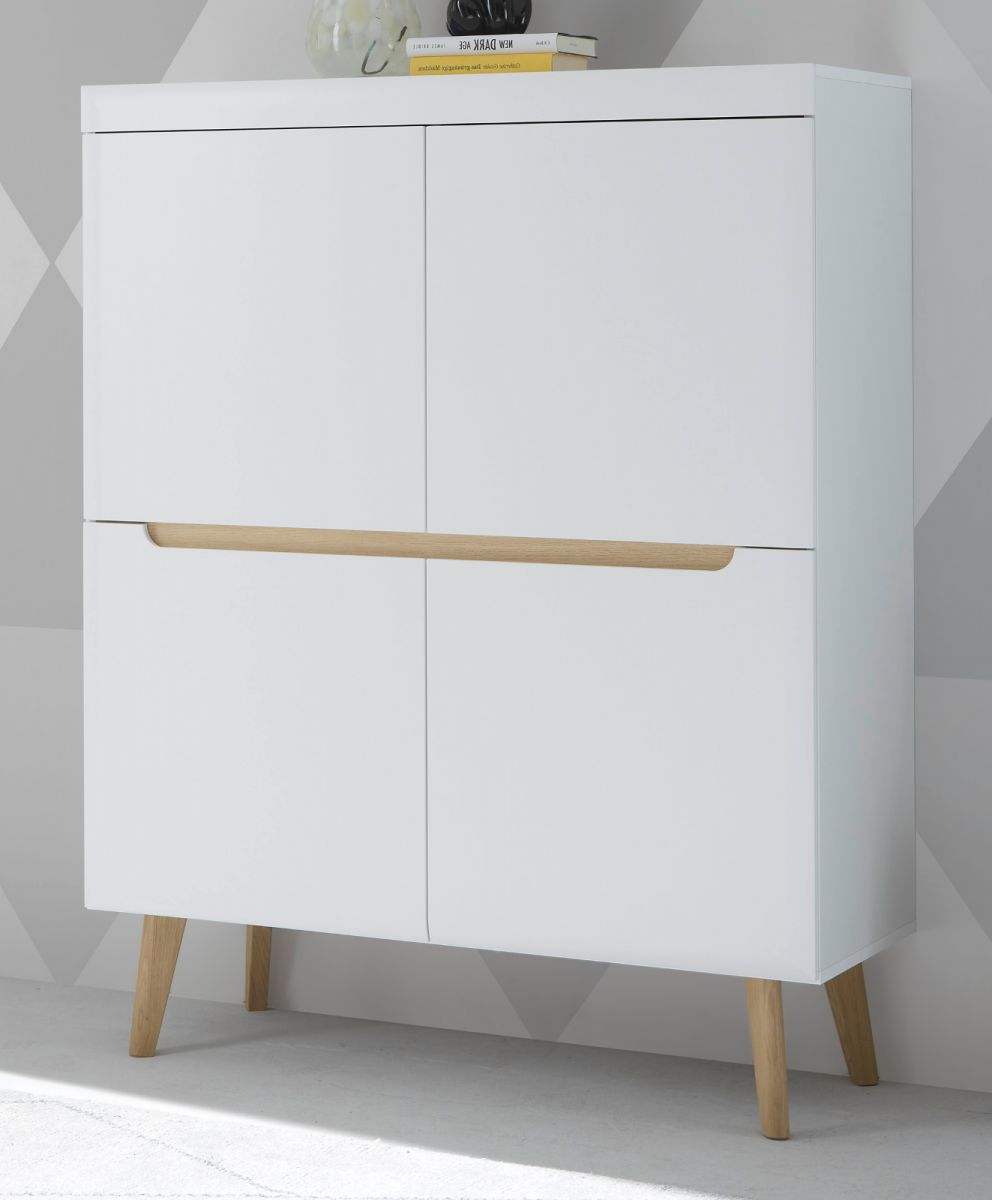 Highboard "Isgard" in weiß matt und Eiche 107 x 134 cm