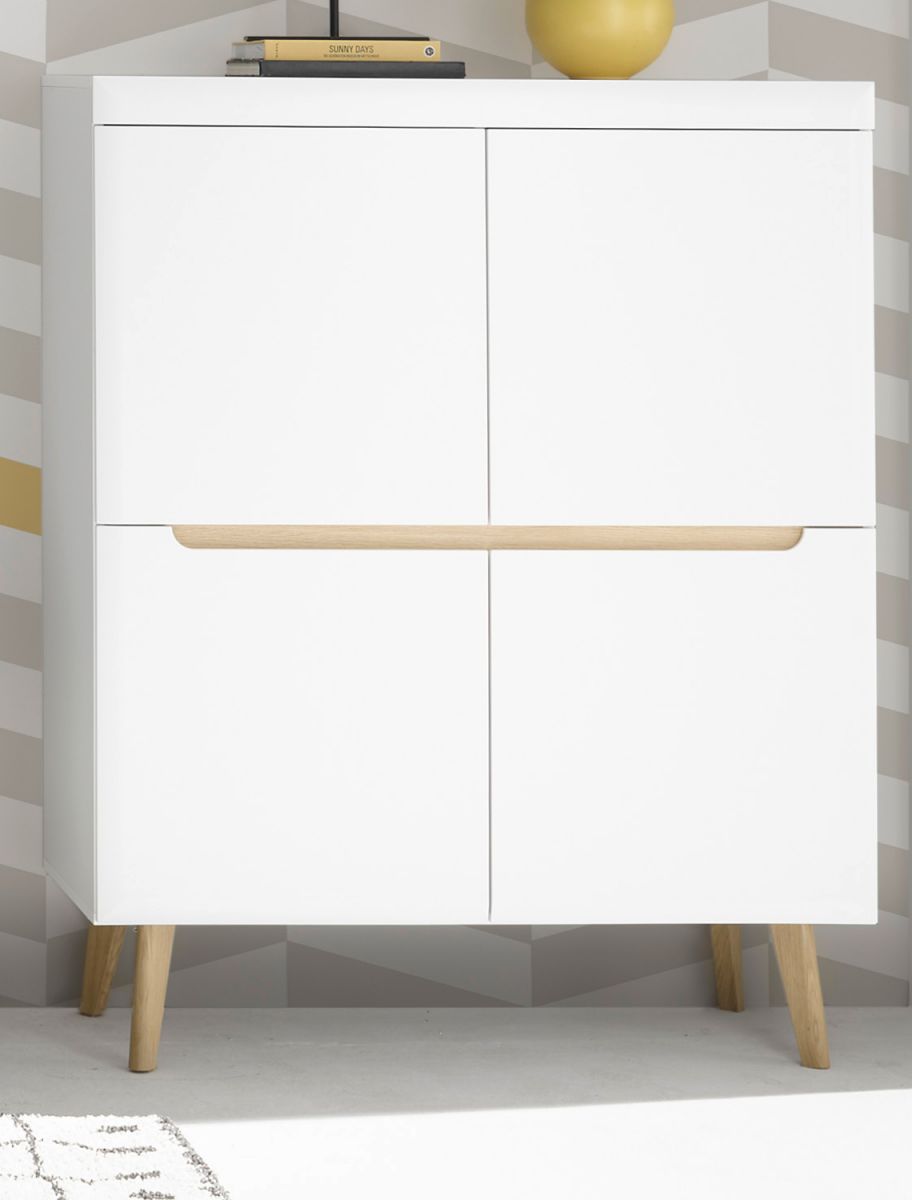 Highboard "Isgard" in weiß matt und Eiche 107 x 134 cm