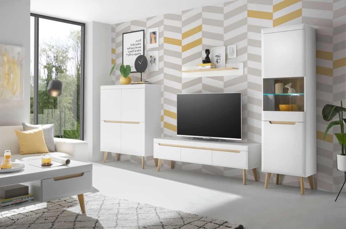 Highboard "Isgard" in weiß matt und Eiche 107 x 134 cm